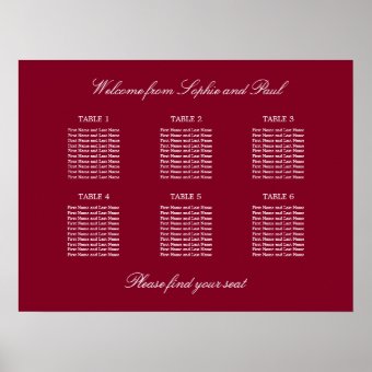 Burgundy 6 Table Wedding Seating Chart Poster | Zazzle