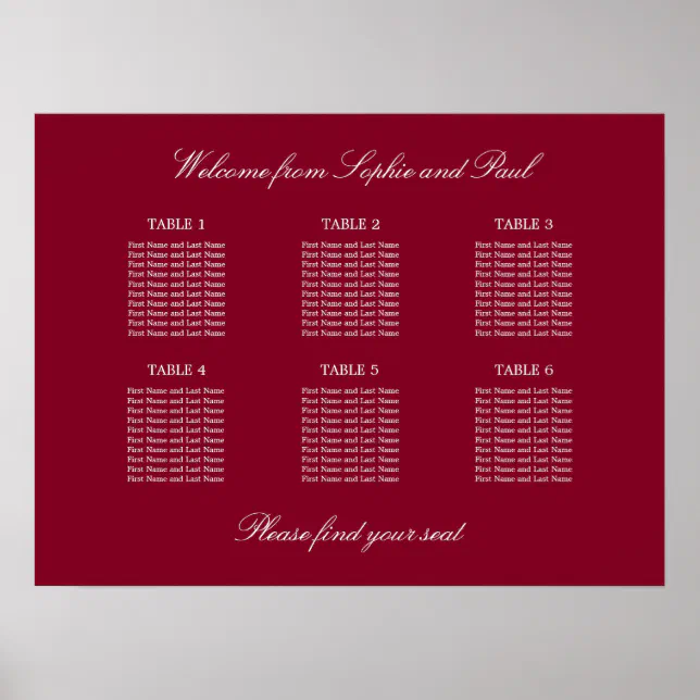 Burgundy 6 Table Wedding Seating Chart Poster | Zazzle