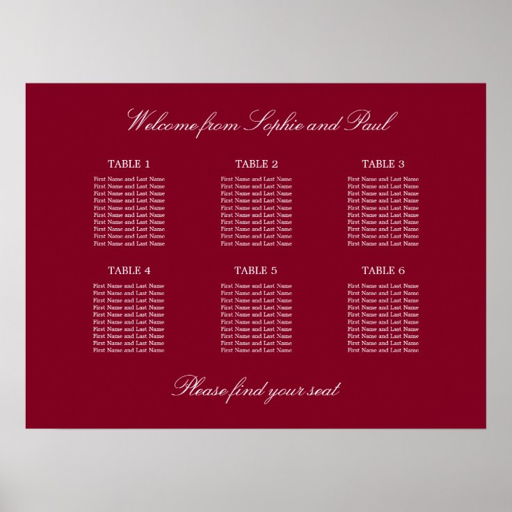Burgundy 6 Table Wedding Seating Chart Poster | Zazzle