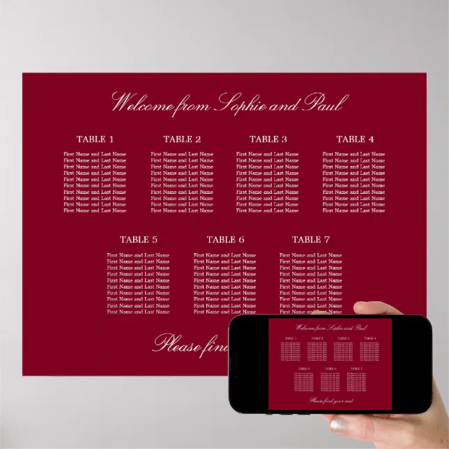 Burgundy 7 Table Wedding Seating Chart Poster | Zazzle