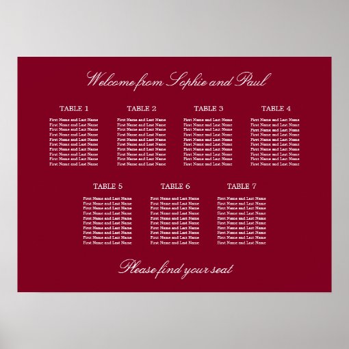 Burgundy 7 Table Wedding Seating Chart Poster | Zazzle