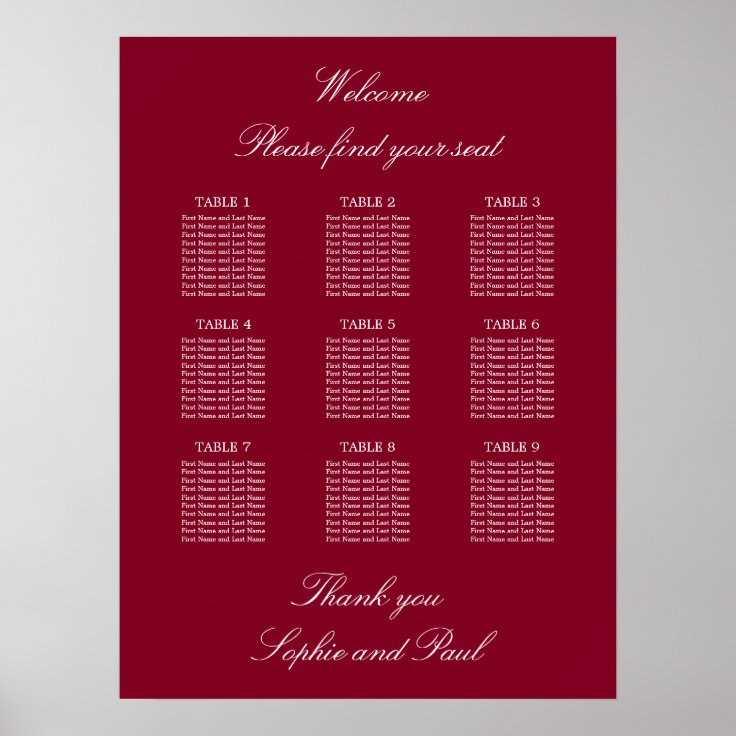 Burgundy 9 Table Wedding Seating Chart Poster | Zazzle