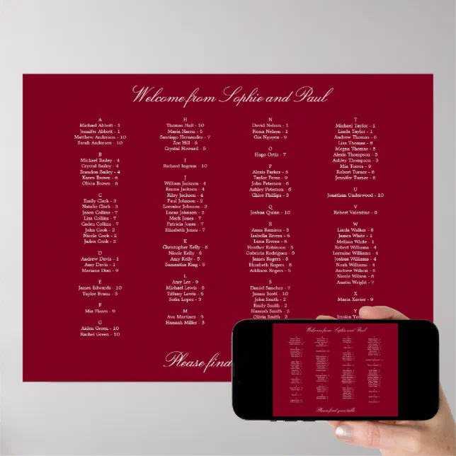 Burgundy Alphabetical Seating Chart Poster | Zazzle