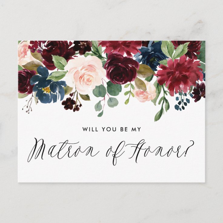 Burgundy and Blue Floral Garland Matron of Honor Invitation Postcard ...
