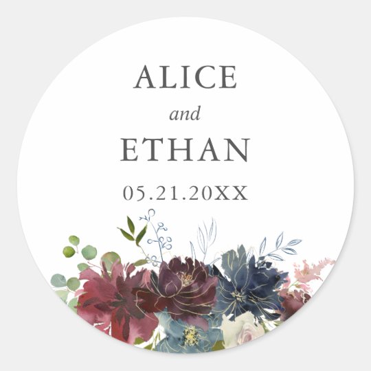 Burgundy and Blue Floral Wedding Classic Round Sticker | Zazzle.com
