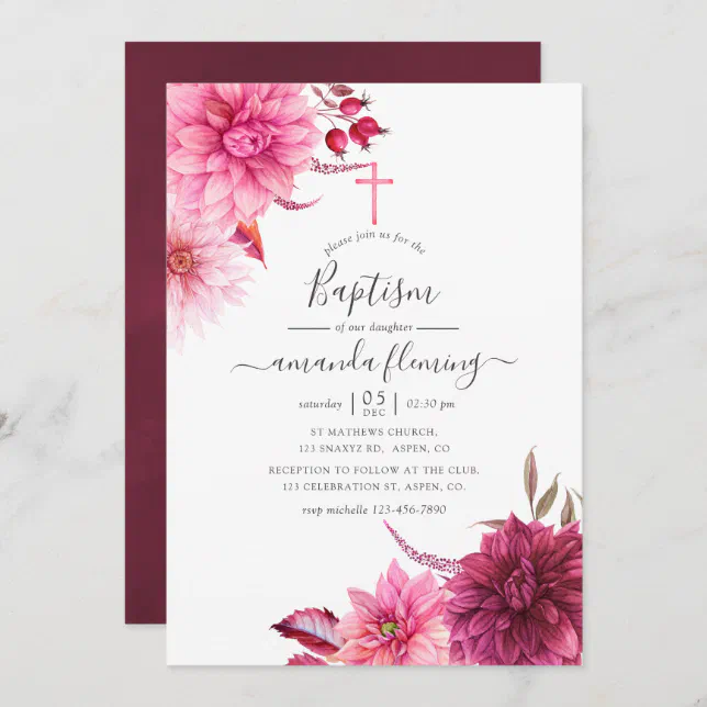 Burgundy and Blush Autumn Fall Floral Baptism Invitation | Zazzle