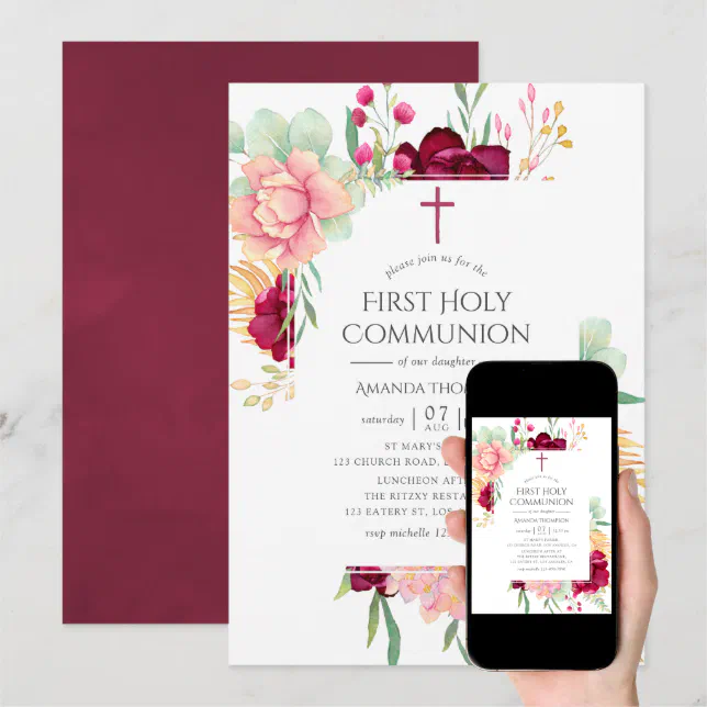 Burgundy and Blush Floral First Holy Communion Invitation | Zazzle