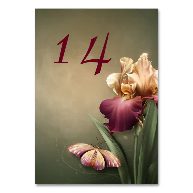 Burgundy and Cream Iris Wedding Table Number Card | Zazzle