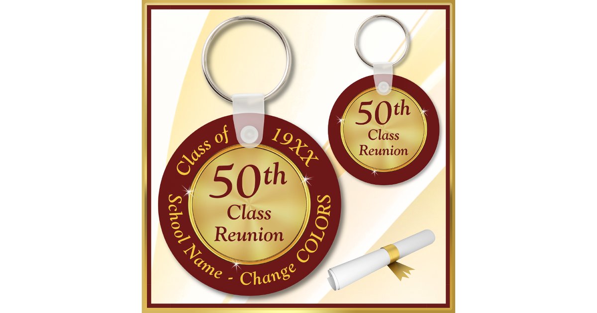 Burgundy and Gold, 50th Class Reunion Favors, Keychain | Zazzle