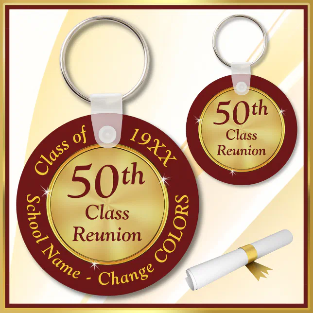 Burgundy and Gold, 50th Class Reunion Favors, Keychain | Zazzle
