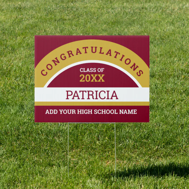 Burgundy And Gold Congrats Grad 2020 Custom Name Sign | Zazzle