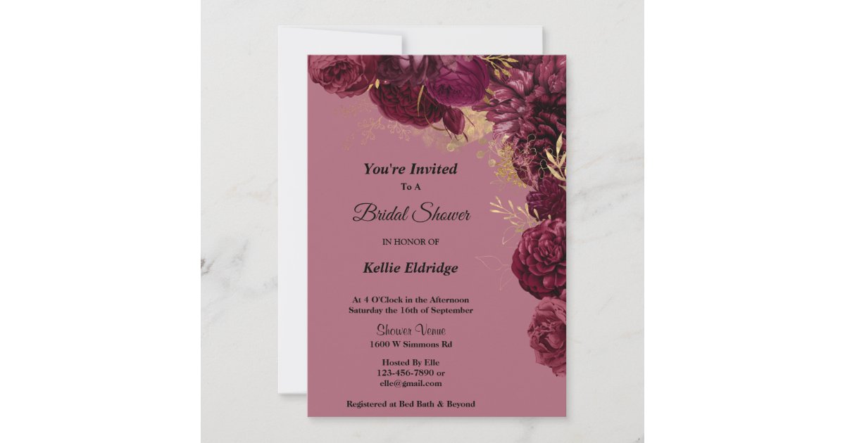 Burgundy And Gold Floral Bridal Shower Invitation Zazzle