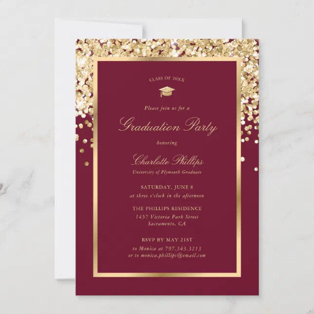 Burgundy and Gold Glitter Graduation Party Invitation | Zazzle