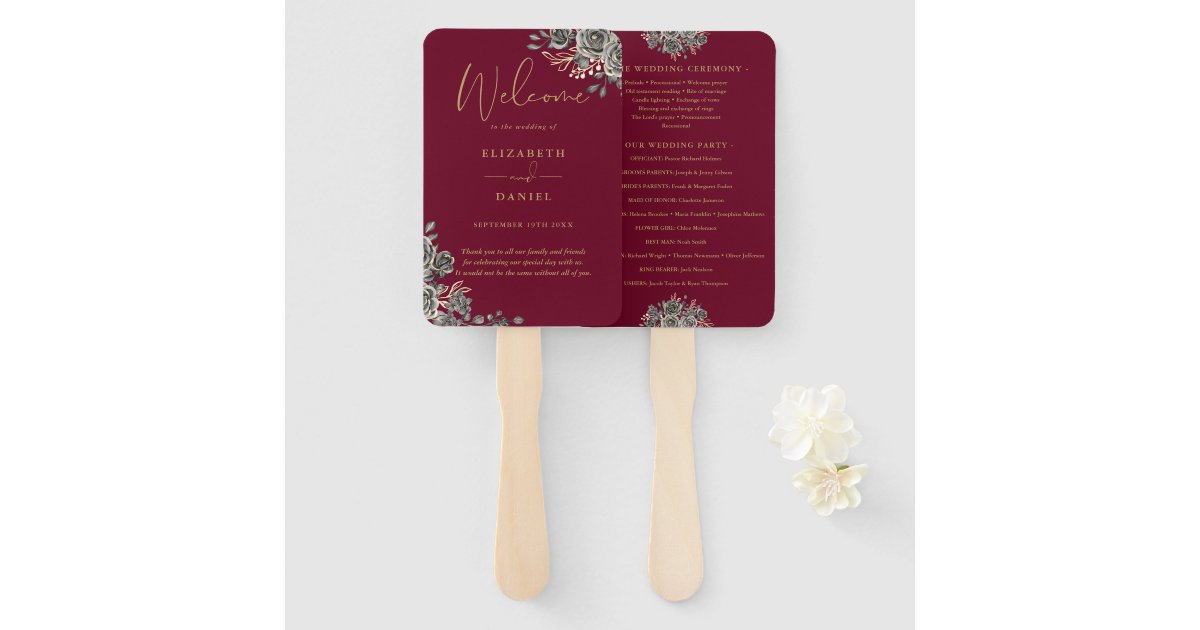 Burgundy And Gold Gothic Floral Wedding Program Hand Fan | Zazzle