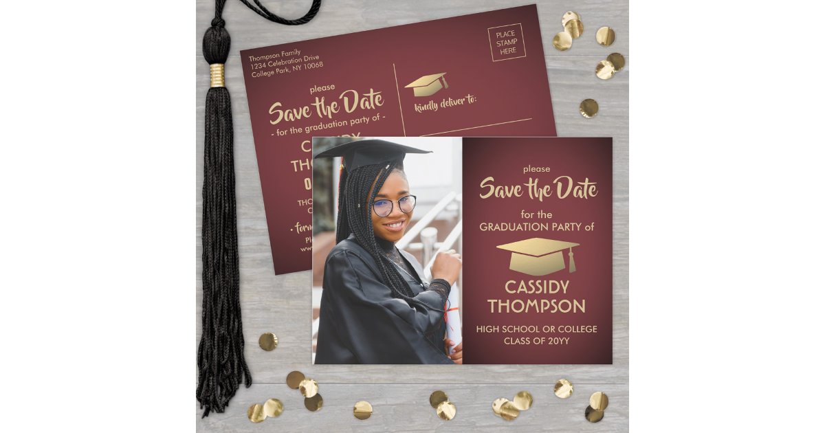 Burgundy and Gold Graduation Photo Save the Date Postcard | Zazzle