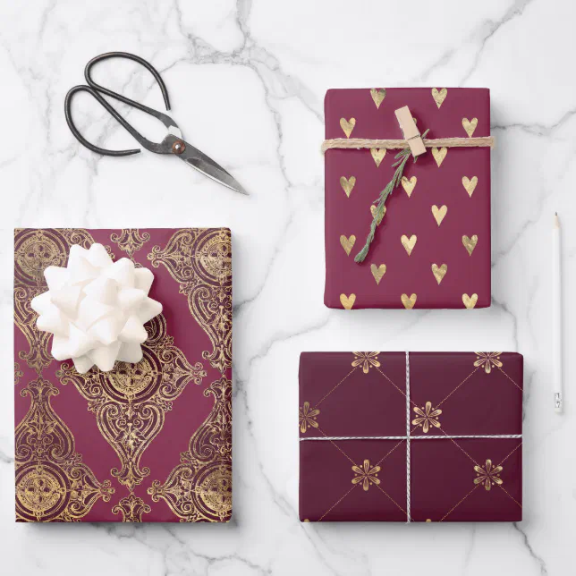 Burgundy and Gold Paris themed Wrapping Paper Sheets | Zazzle