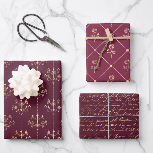 Burgundy and Gold Paris Wrapping Paper Sheets | Zazzle