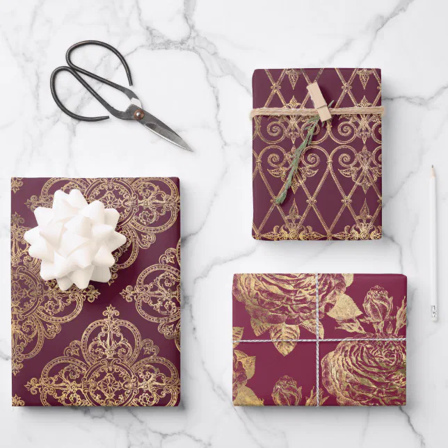 Burgundy and Gold Paris Wrapping Paper Sheets | Zazzle