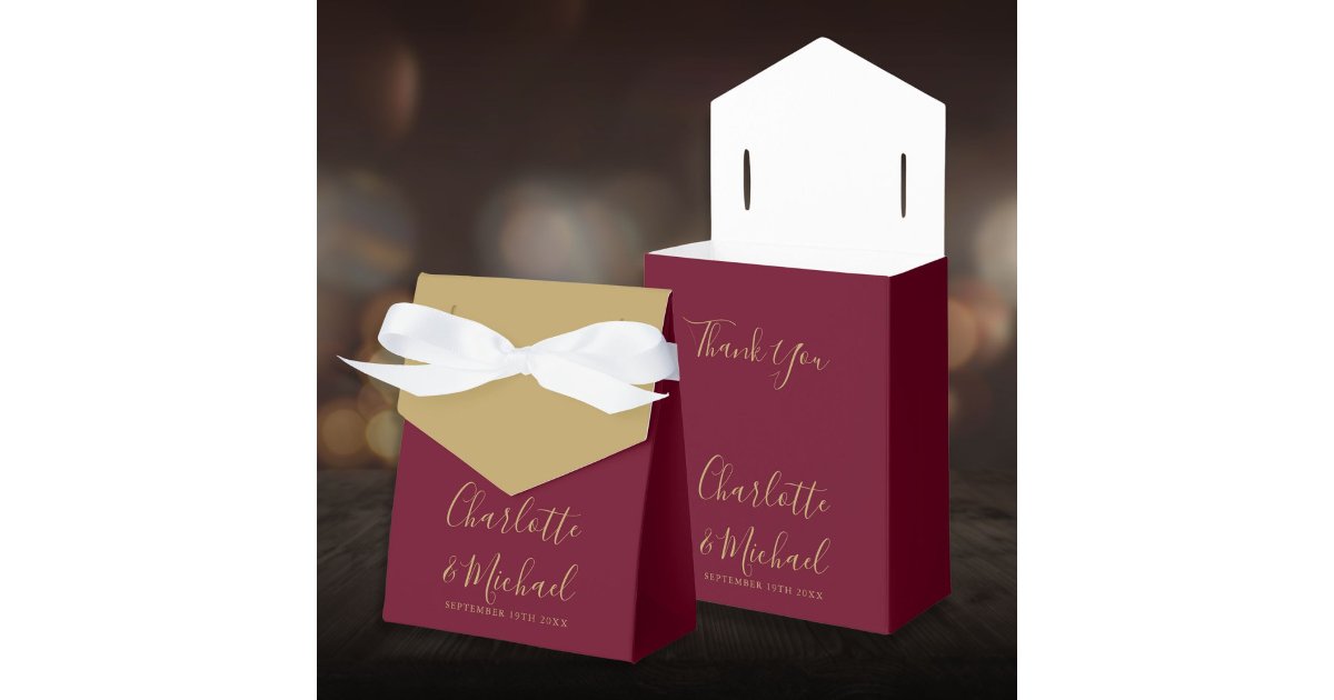 Burgundy and Gold Script Elegant Wedding Favor Boxes | Zazzle
