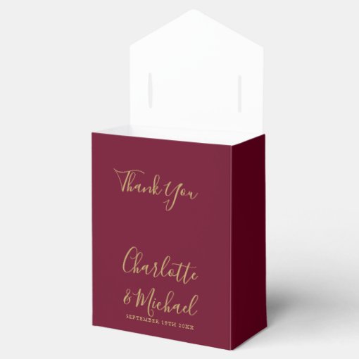Burgundy and Gold Script Elegant Wedding Favor Boxes | Zazzle
