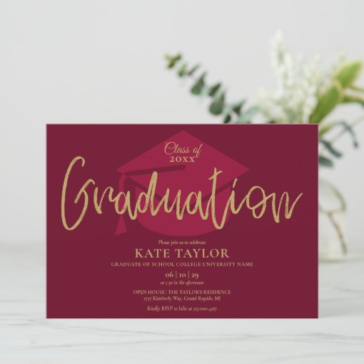 Burgundy And Gold Script Graduation Party Invitation | Zazzle