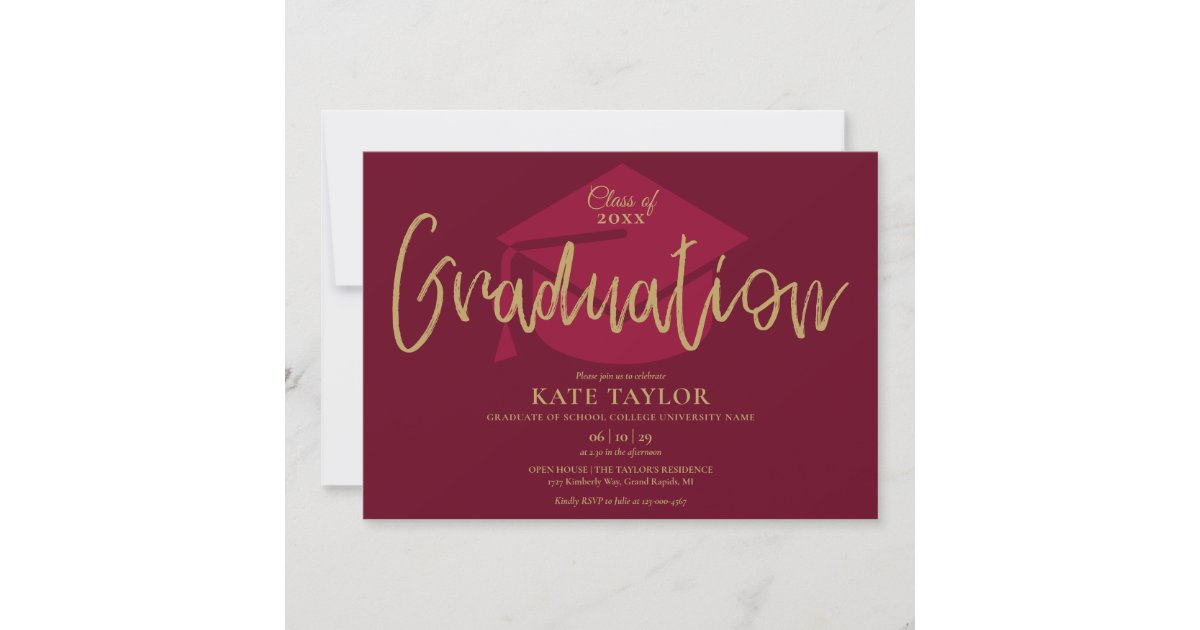 Burgundy And Gold Script Graduation Party Invitation | Zazzle