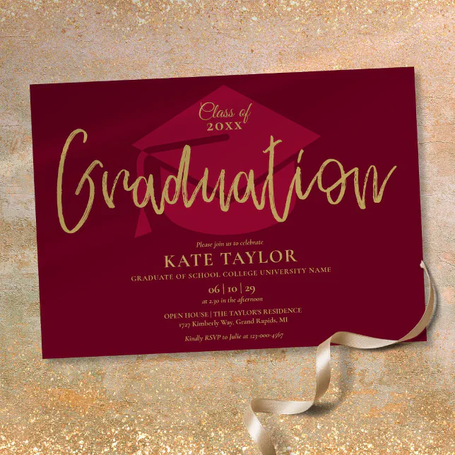 Burgundy And Gold Script Graduation Party Invitation | Zazzle