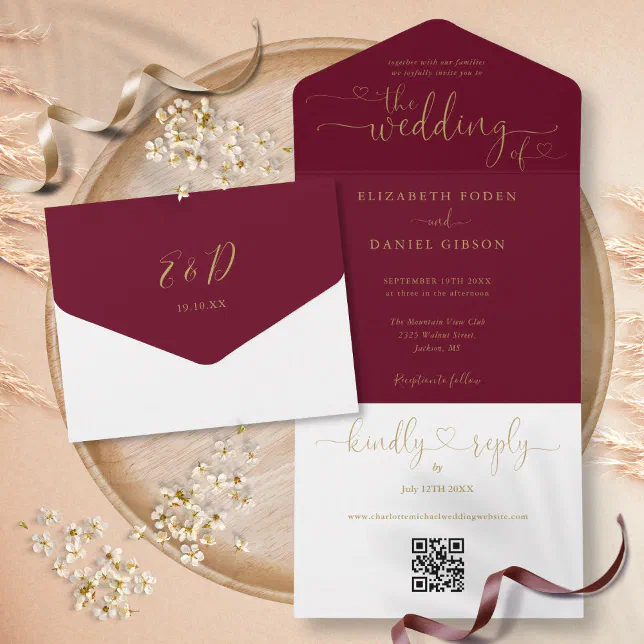 Burgundy And Gold Script Hearts QR Code Wedding All In One Invitation | Zazzle