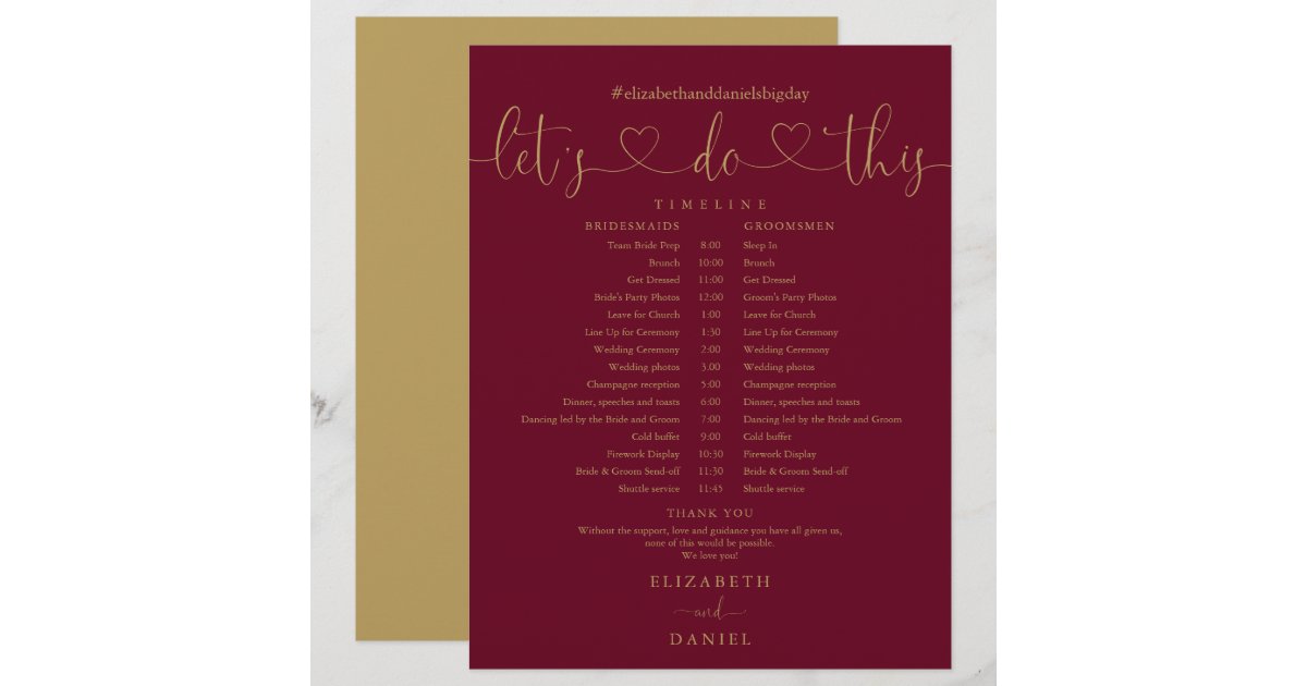 Burgundy And Gold Script Wedding Schedule Timeline | Zazzle