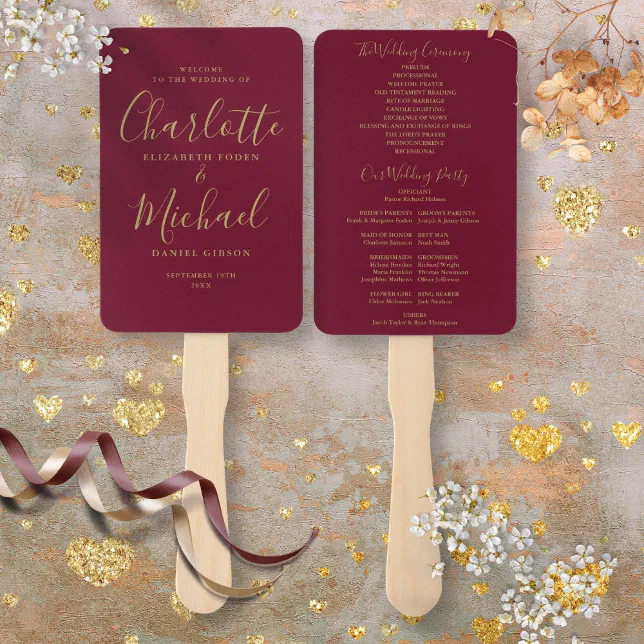 Burgundy and Gold Signature Script Wedding Program Hand Fan | Zazzle