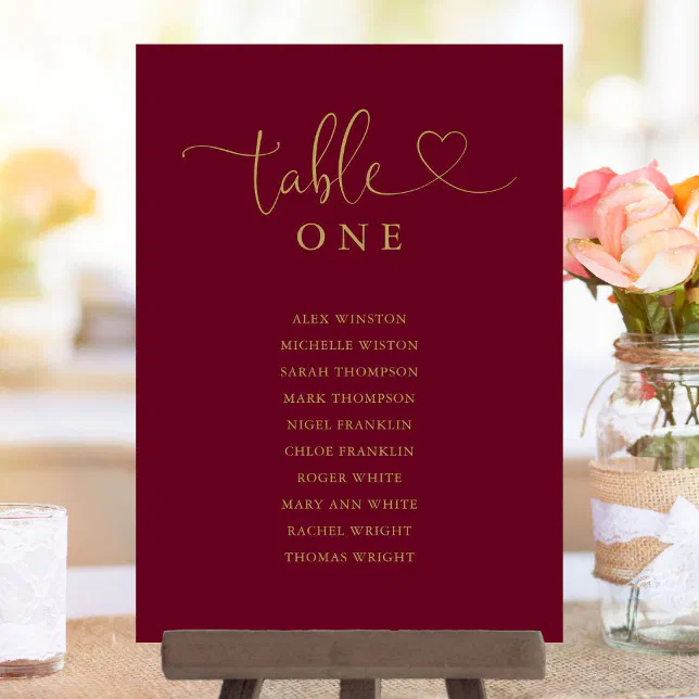 Burgundy And Gold Table Number Seating Chart | Zazzle