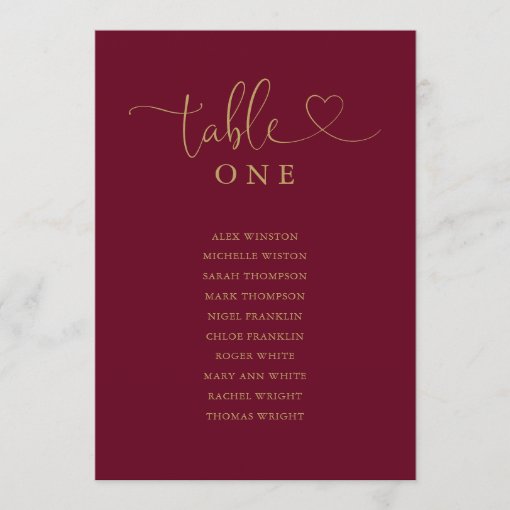Burgundy And Gold Table Number Seating Chart | Zazzle