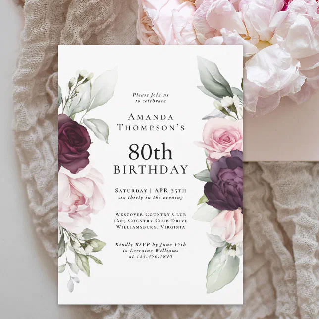 Burgundy and Pink Floral Elegant 80th Birthday Invitation | Zazzle