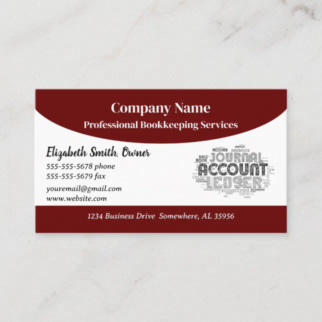 Burgundy and White Bookkeeping Business Card | Zazzle