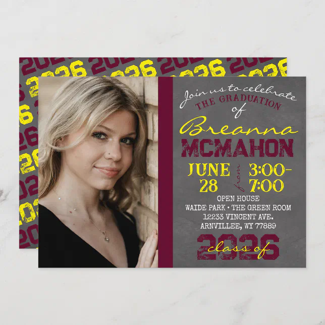 Burgundy and Yellow Modern Chalkboard Graduation Invitation | Zazzle