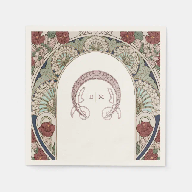 Burgundy Art Nouveau Monogram Initials Navy Napkins | Zazzle