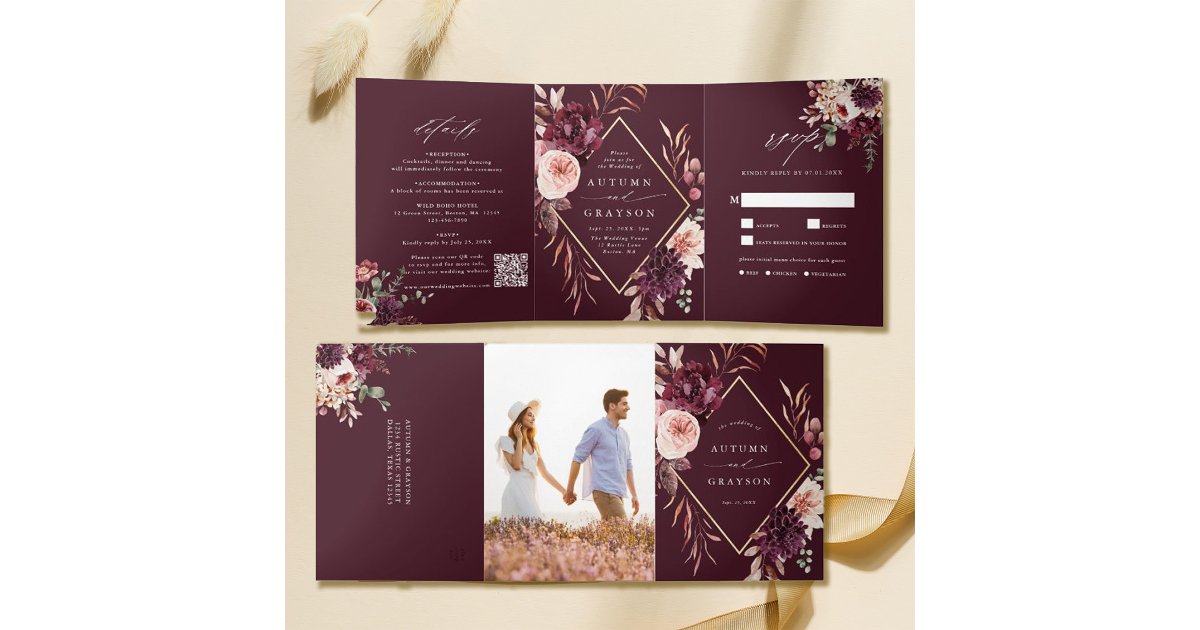 Burgundy Autumn Romance Watercolor Floral Wedding Tri-Fold Invitation ...