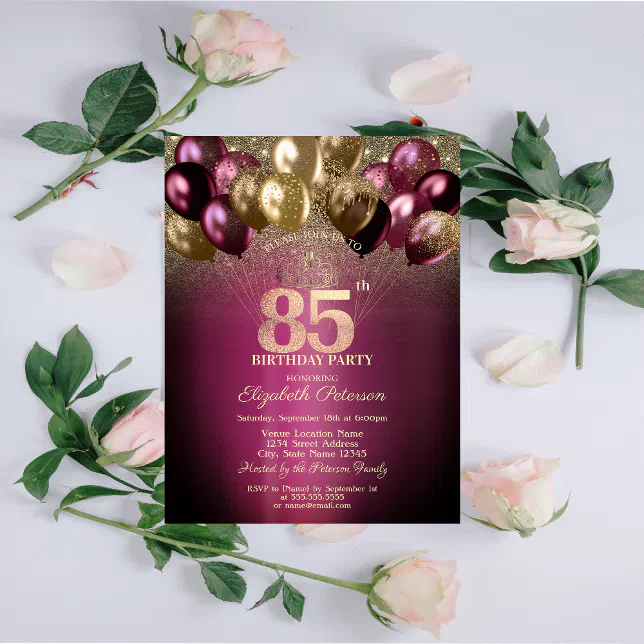 Burgundy Balloons Glitter 85th Birthday Invitation | Zazzle
