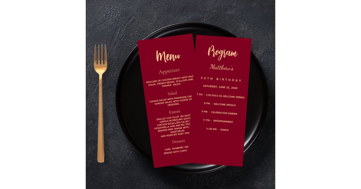 Burgundy birthday program dinner menu card | Zazzle