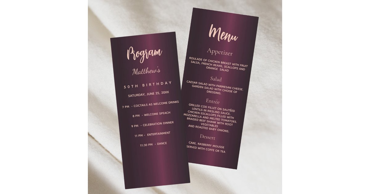 Burgundy birthday program dinner menu card | Zazzle