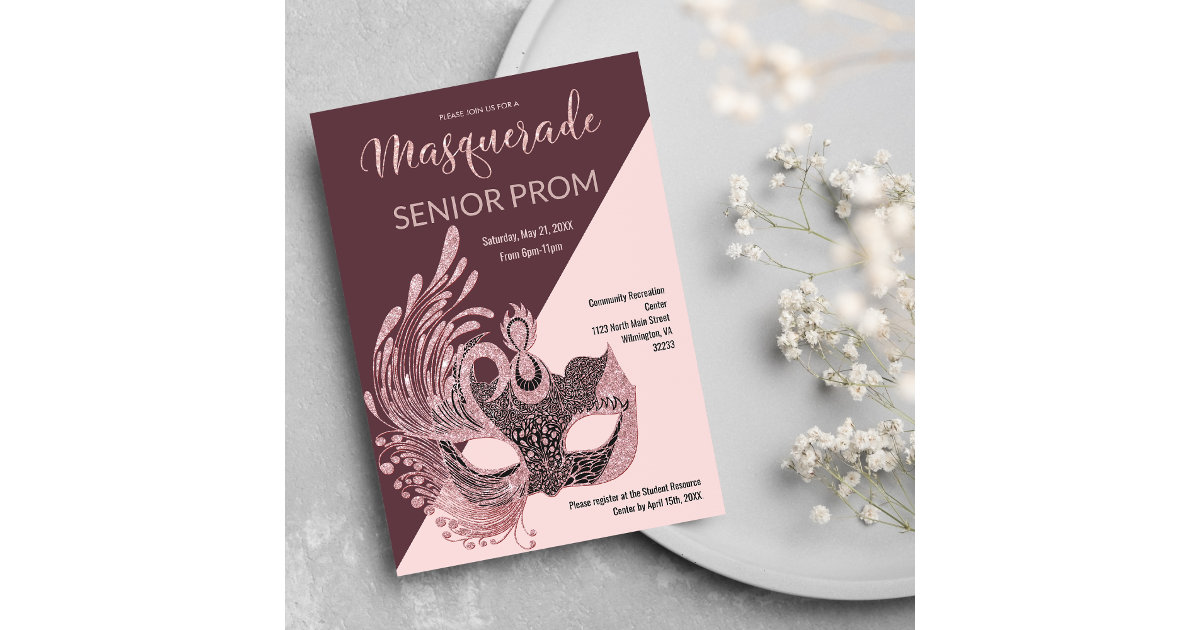 Burgundy Black Pink Glitter Masquerade Prom Invitation | Zazzle