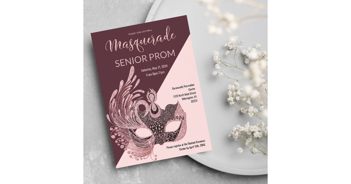 Burgundy Black Pink Glitter Masquerade Prom Invitation | Zazzle