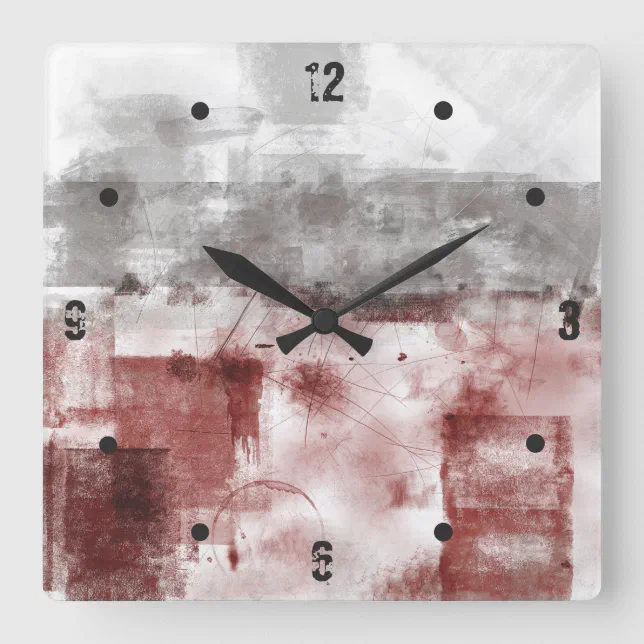 Burgundy Black White Gray abstract Square Wall Clock | Zazzle