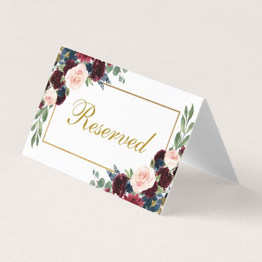 Burgundy Blue Floral Gold Wedding Reserved Place Card | Zazzle.com