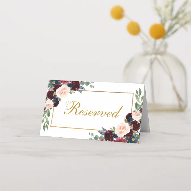 Burgundy Blue Floral Gold Wedding Reserved Place Card | Zazzle