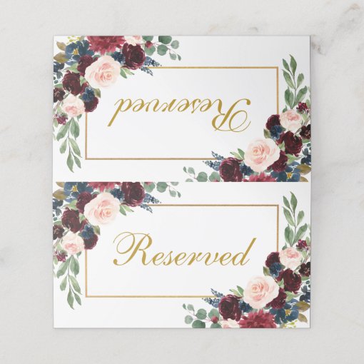 Burgundy Blue Floral Gold Wedding Reserved Place Card | Zazzle
