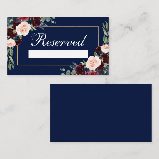 Burgundy Blue Floral Gold Wedding Reserved Place Card | Zazzle