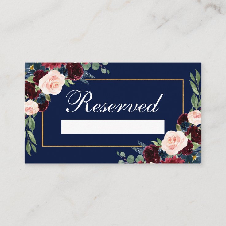 Burgundy Blue Floral Gold Wedding Reserved Place Card | Zazzle