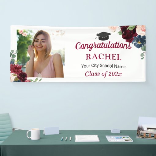 Burgundy Blue Floral Grad Photo Graduation Party Banner | Zazzle