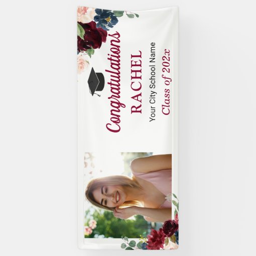 Burgundy Blue Floral Grad Photo Graduation Party Banner | Zazzle